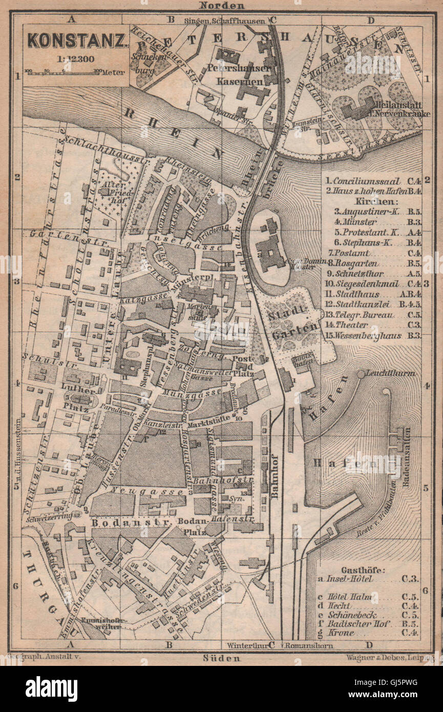 CONSTANCE. KONSTANZ. town city stadtplan. Germany karte. BAEDEKER, 1893 ...