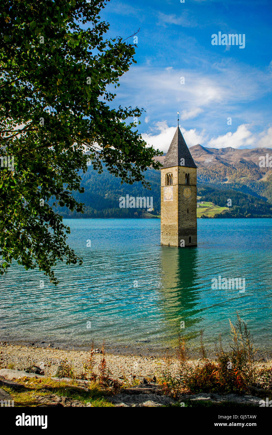 church steeple, 'Reschensee' (Lake Reschen), comune of Graun, South ...