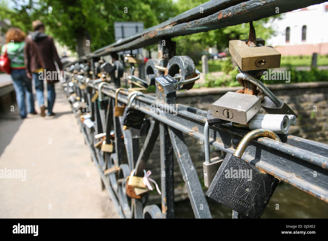 Love Padlocks on bridge over River Vilnia. The love padlocks have the ...