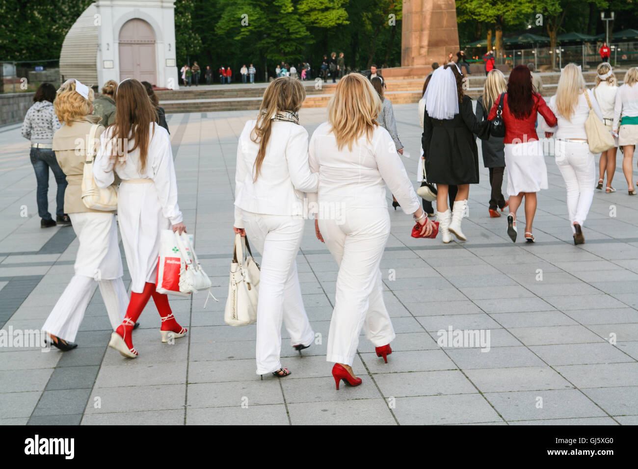 Hens, from a, hen party, hen,dressed as, nurses, in the, Old Town, of ...
