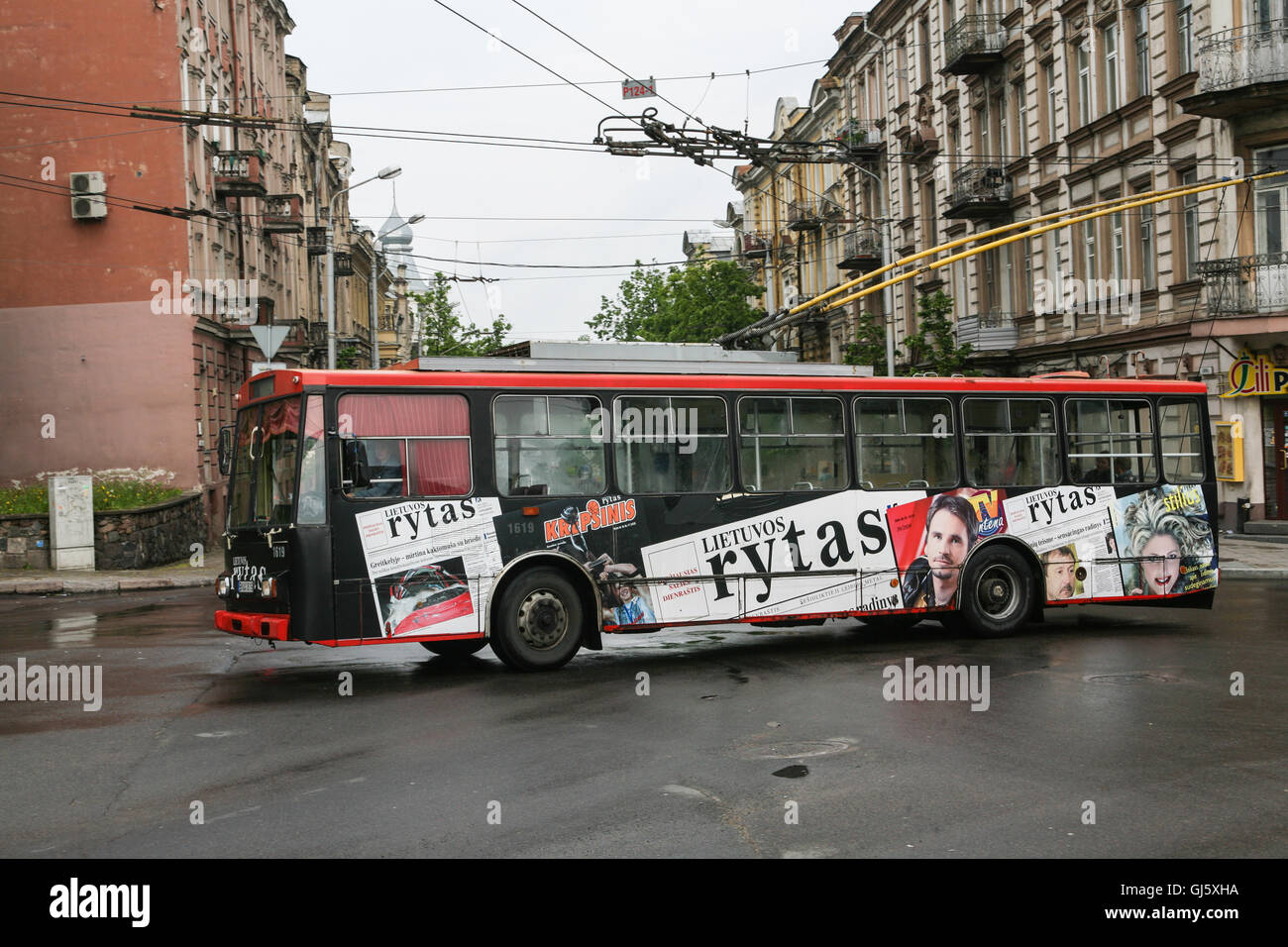 Colourful trolley bus on Sodu street near train station in Vilnius ...