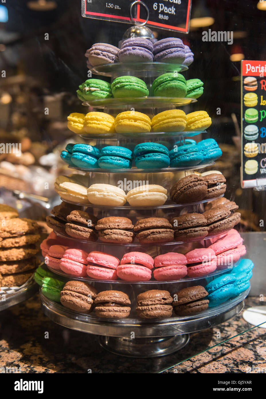 Display of a variety of various flavoured macarons from a bakery ...