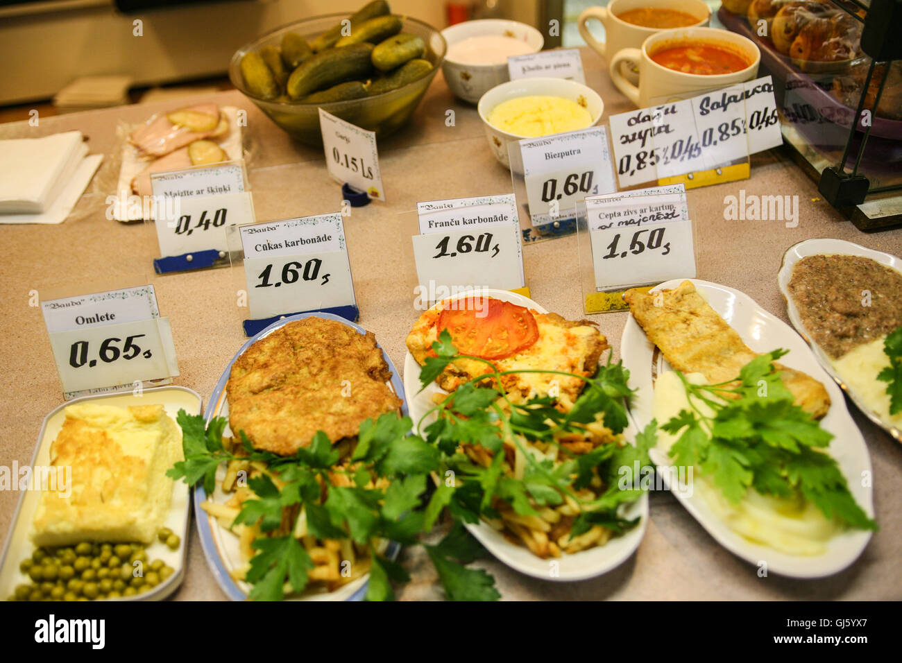 Snack bar food stall at Riga Central Market in the centre of Riga, the ...