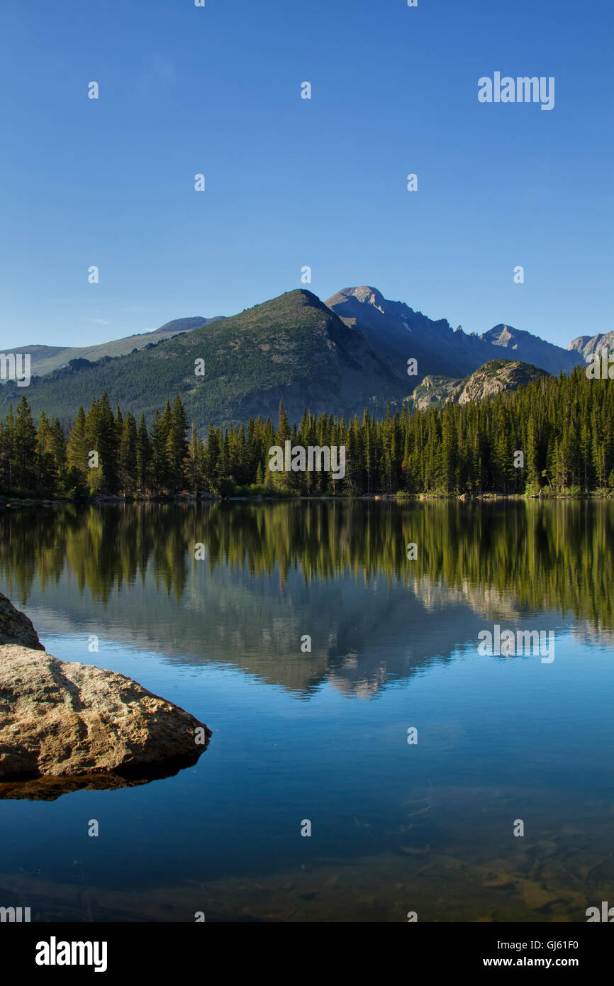 Long's Peak in Rocky Mountain National Park reflects into Bear Lake on ...