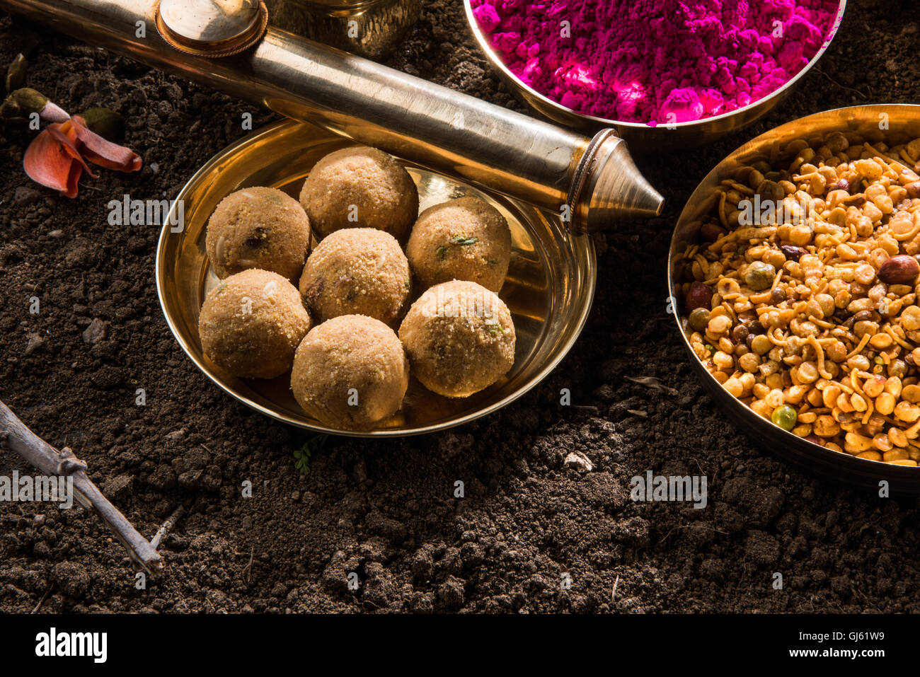holi festival food with colours, indian festival holi, samosa, kachori ...