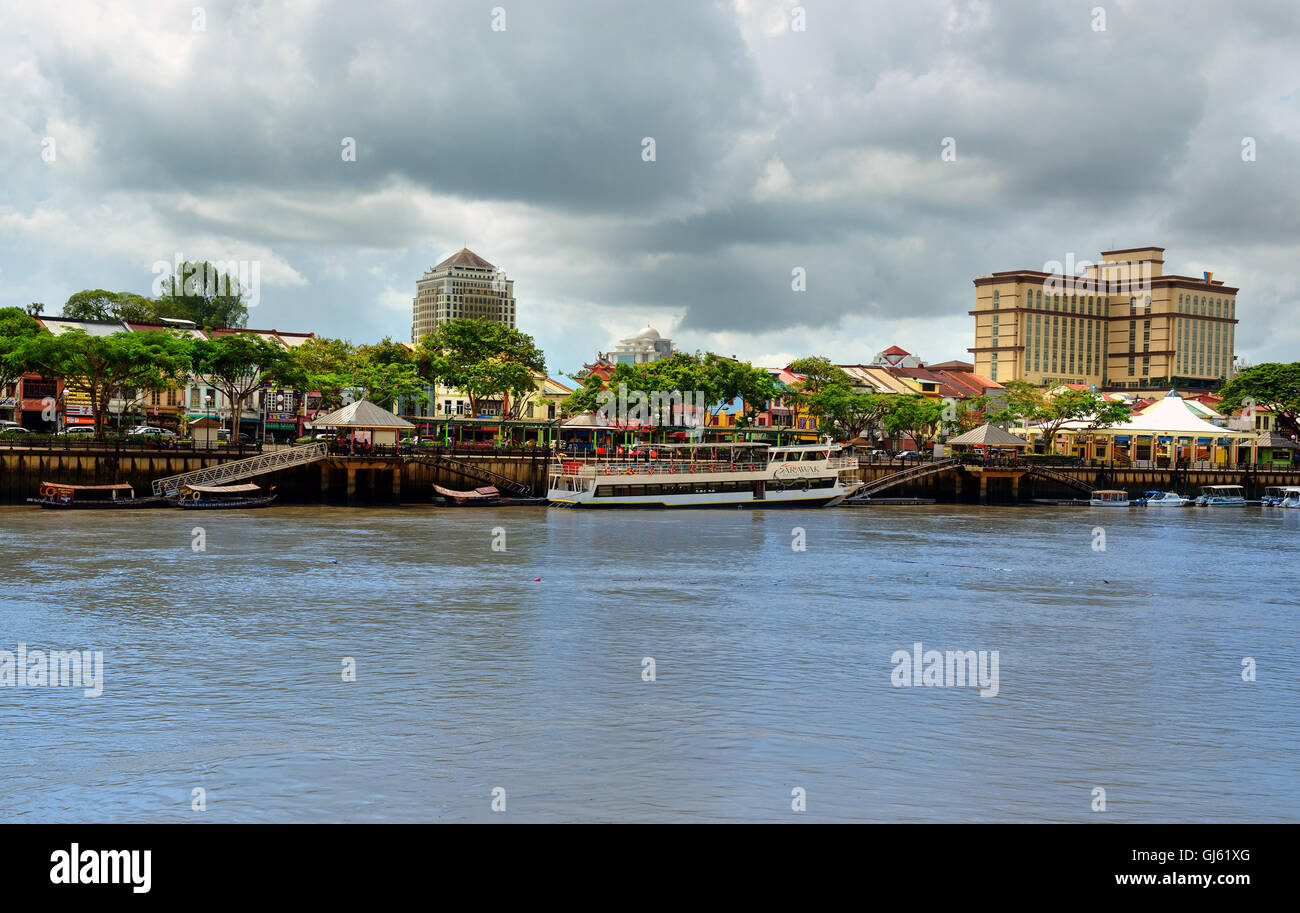 Kuching, Malaysia. View of Kuching city waterfront and Sarawak river ...