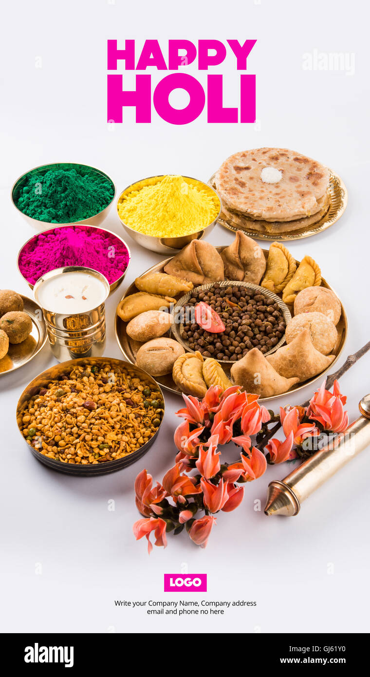 holi festival food with colours, indian festival holi, samosa, kachori ...