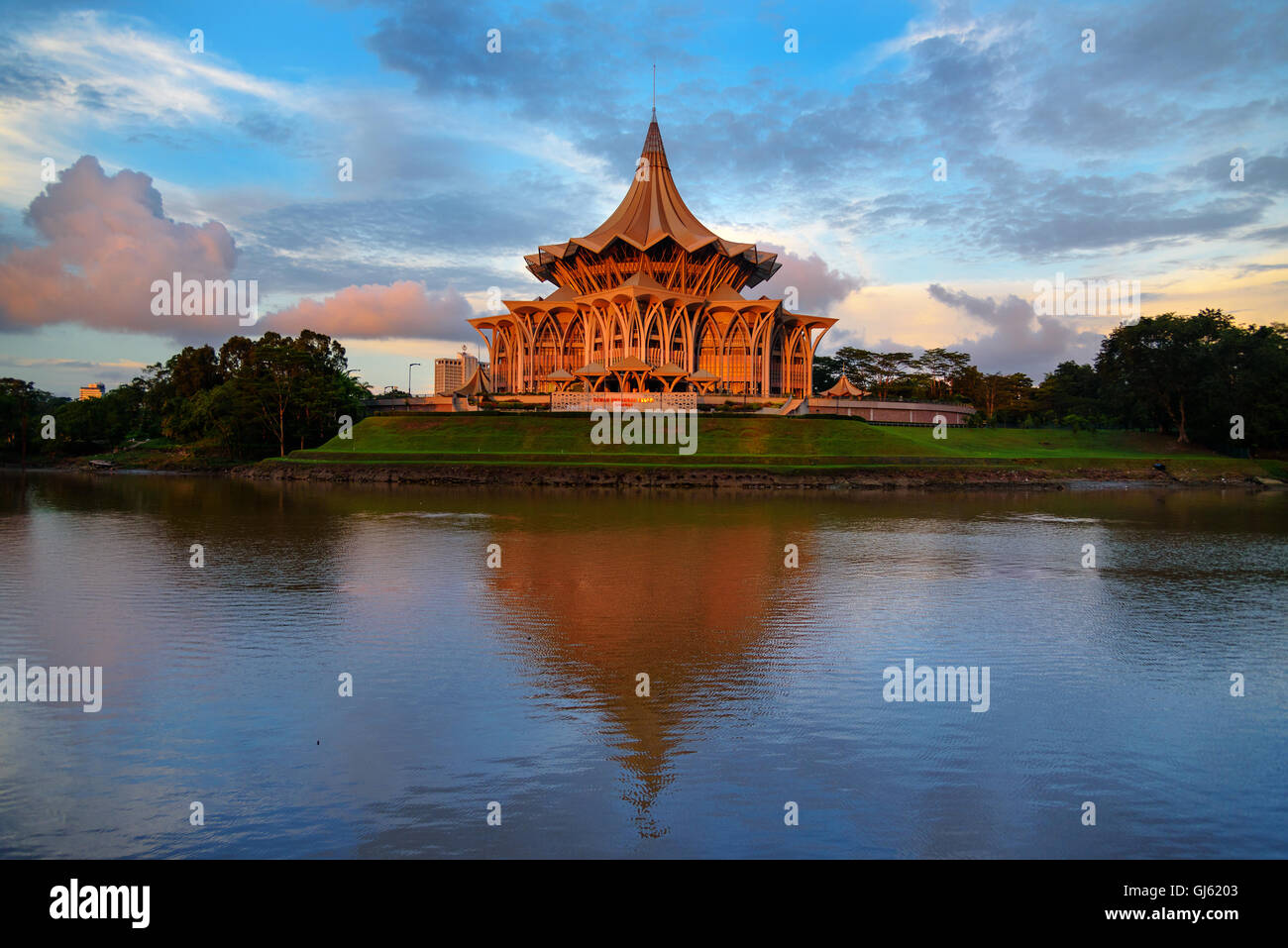 Sarawak State Legislative Assembly, Dewan Undangan Negeri at sunset ...
