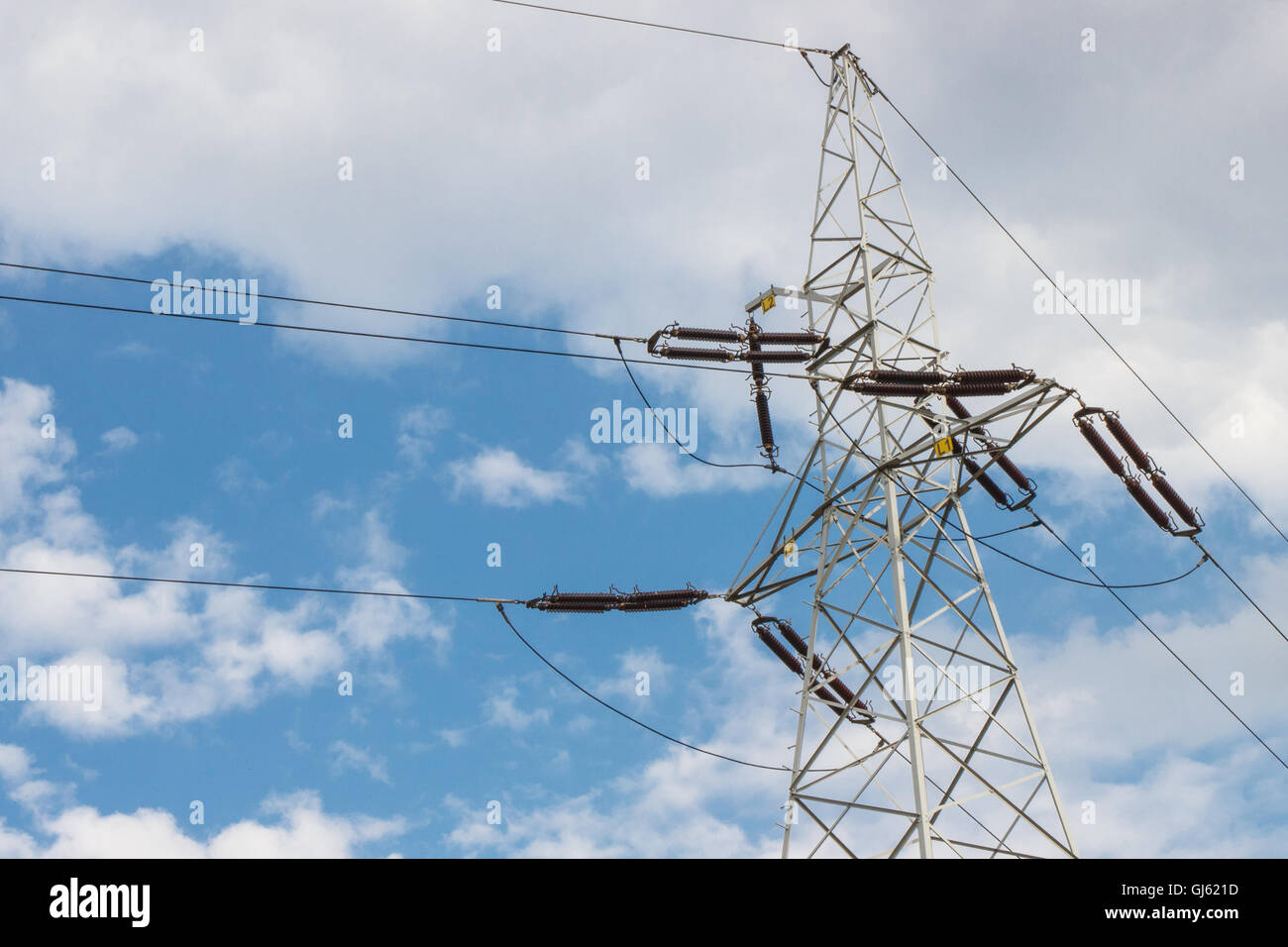 High voltage electric pole with wires, line of electricity ...
