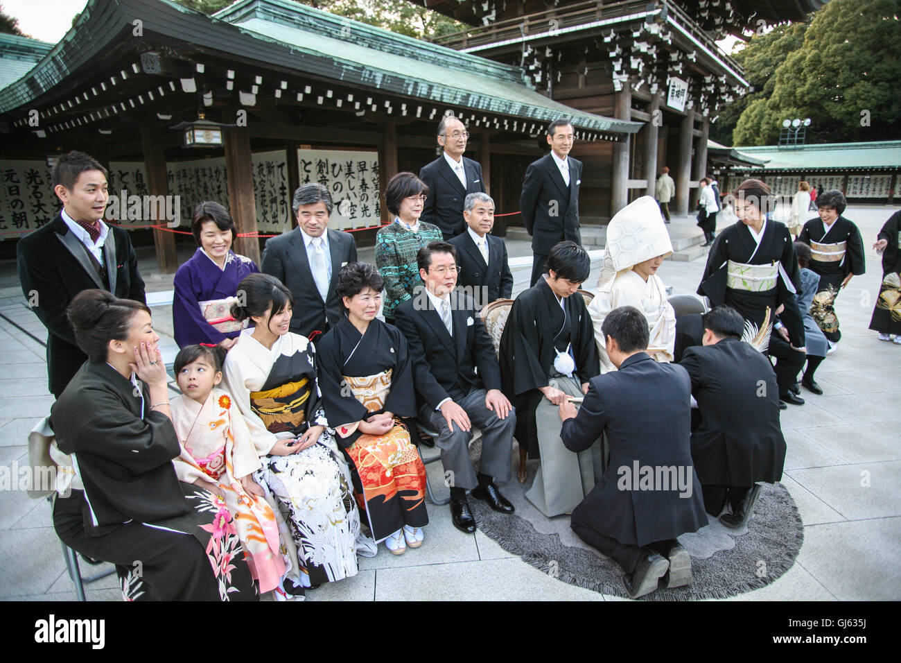 At a traditional Japanese Shinto wedding ceremony, at a formal portrait ...