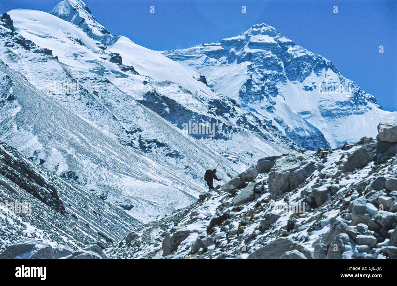 Mount Everest and (8,848 metres) British trekker heading up a trail ...