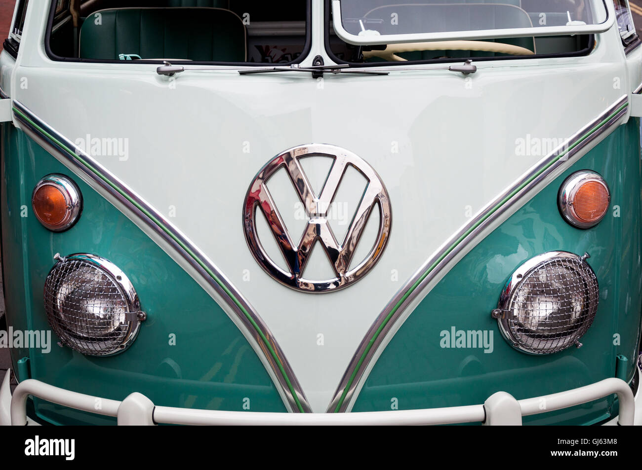 Teal colour classic retro Volkswagen split screen camper van close up ...