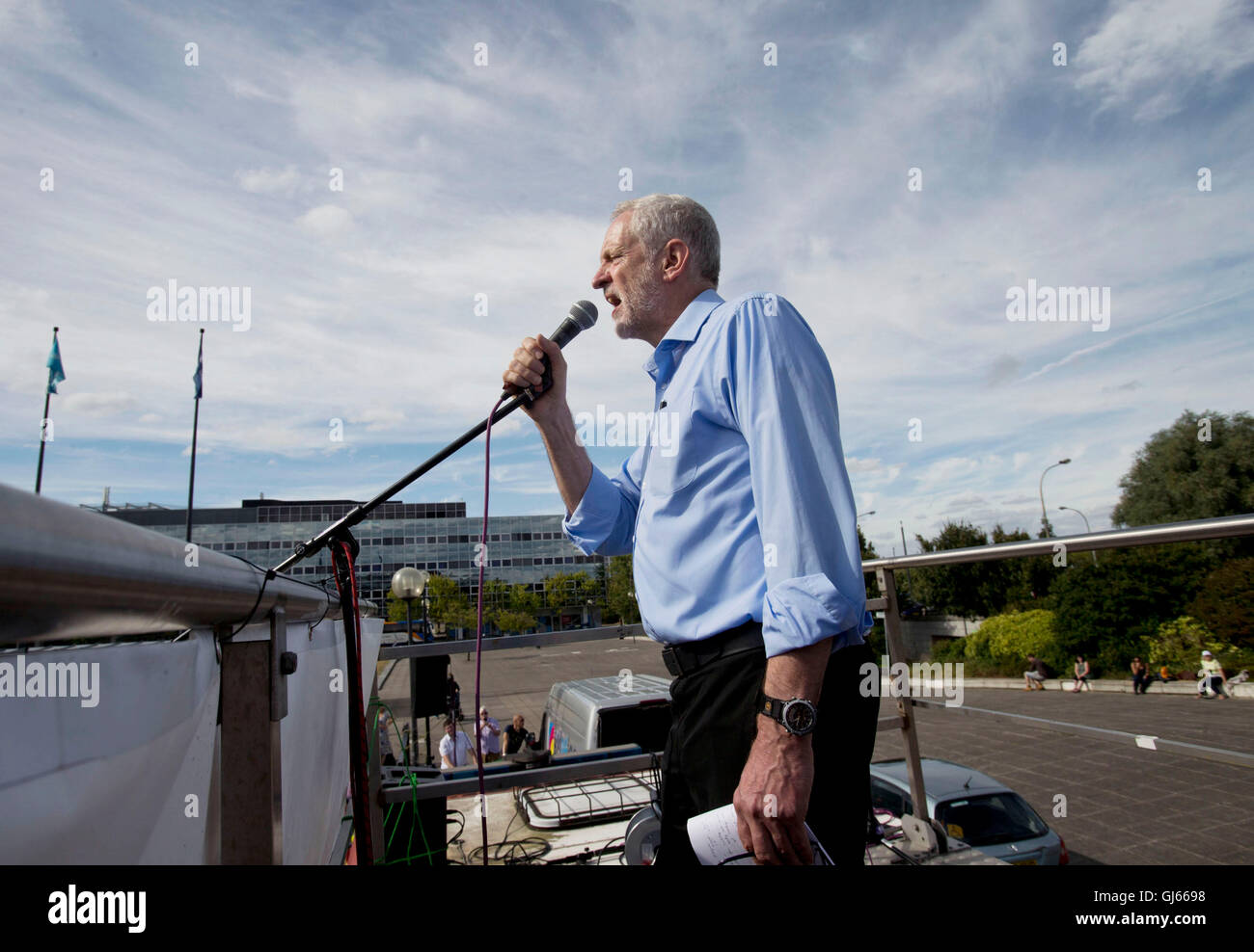 Labour leader Jeremy Corbyn speaks on top of a fire engine during a ...
