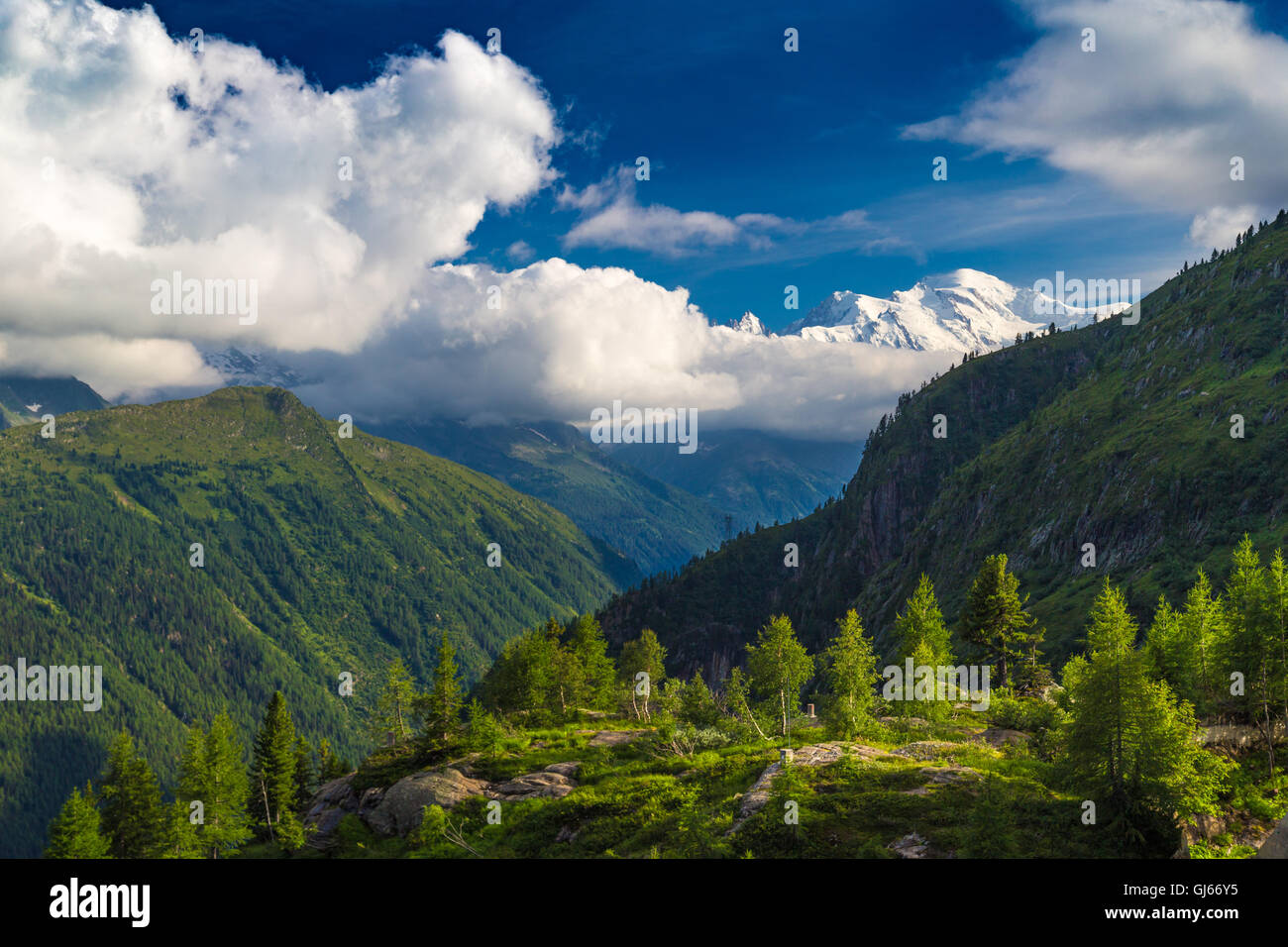 View of the Mont-Blanc peak from Lac d'Emosson near Swiss city of Finhaut and French city of ...