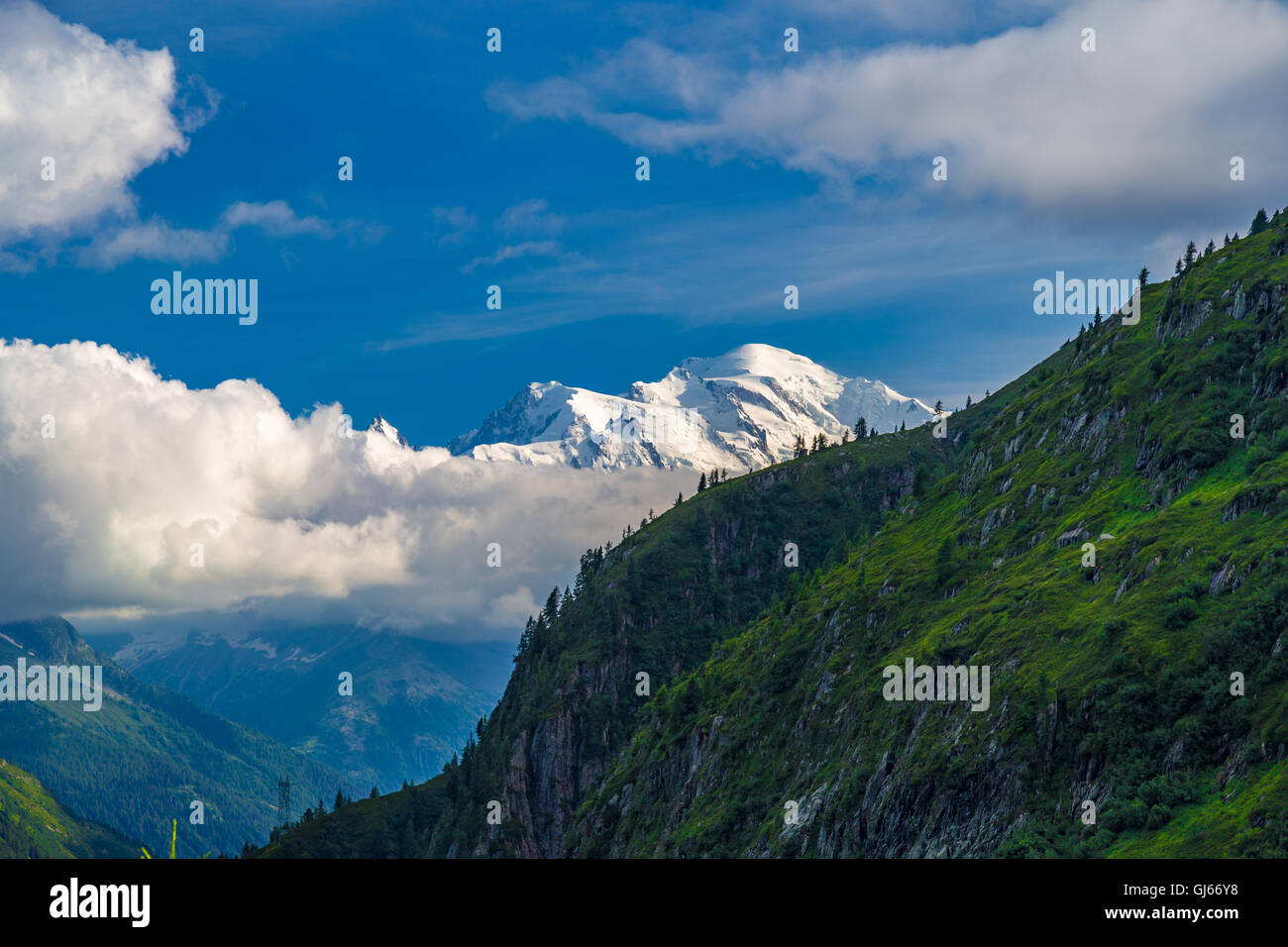 View of the Mont-Blanc peak from Lac d'Emosson near Swiss city of Finhaut and French city of ...
