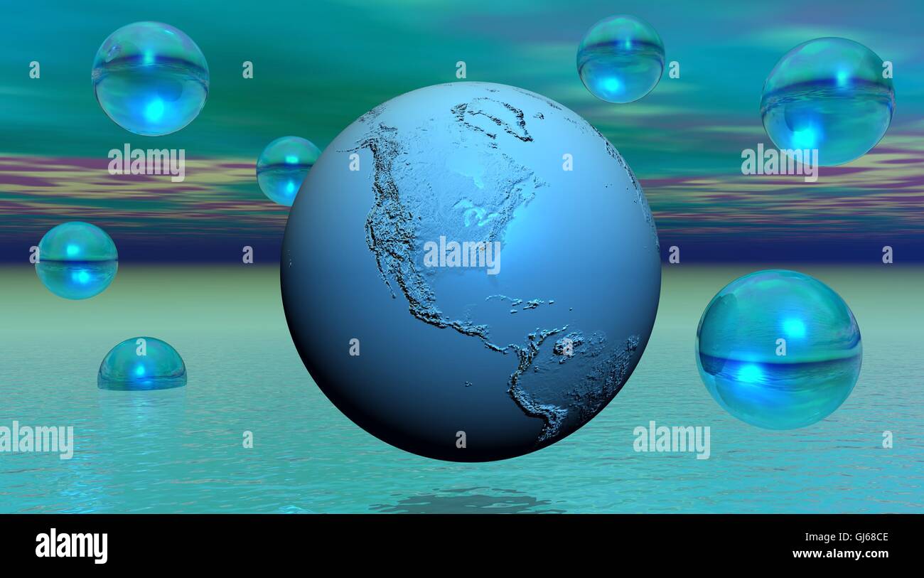 Blue earth surrounded by bubbles Stock Photo - Alamy