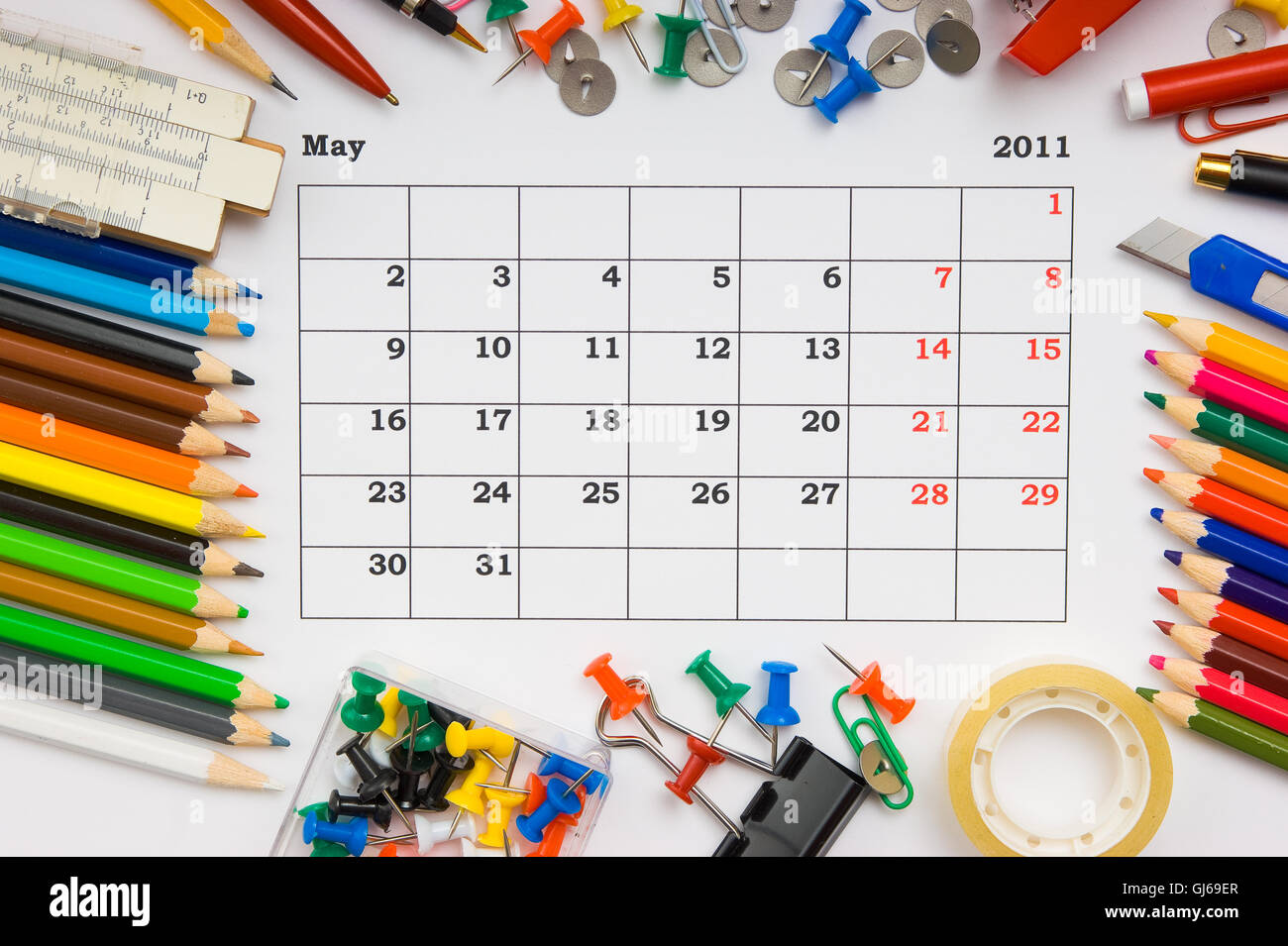 monthly calendar with office and stationery for 2011 Stock Photo - Alamy