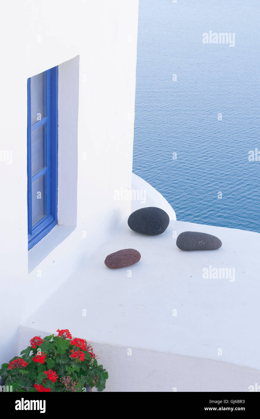 view to the Caldera with blue window, Oia, Santorini, Greece Stock ...