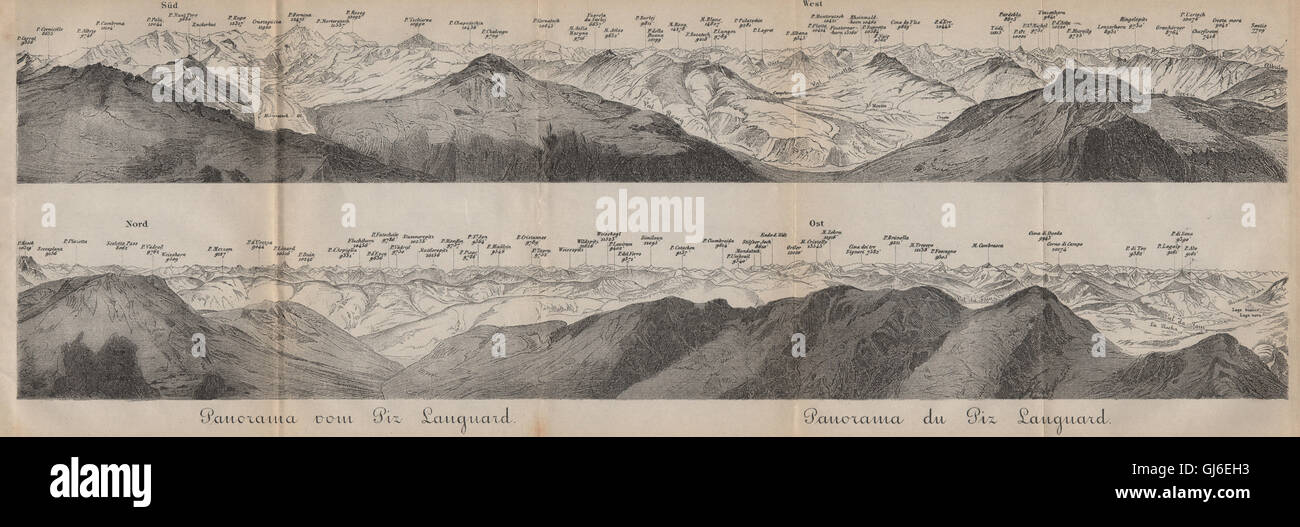 PIZ LANGUARD PANORAMA. Bernina Roseg Monte Rosa Mont Blanc Cristallo ...