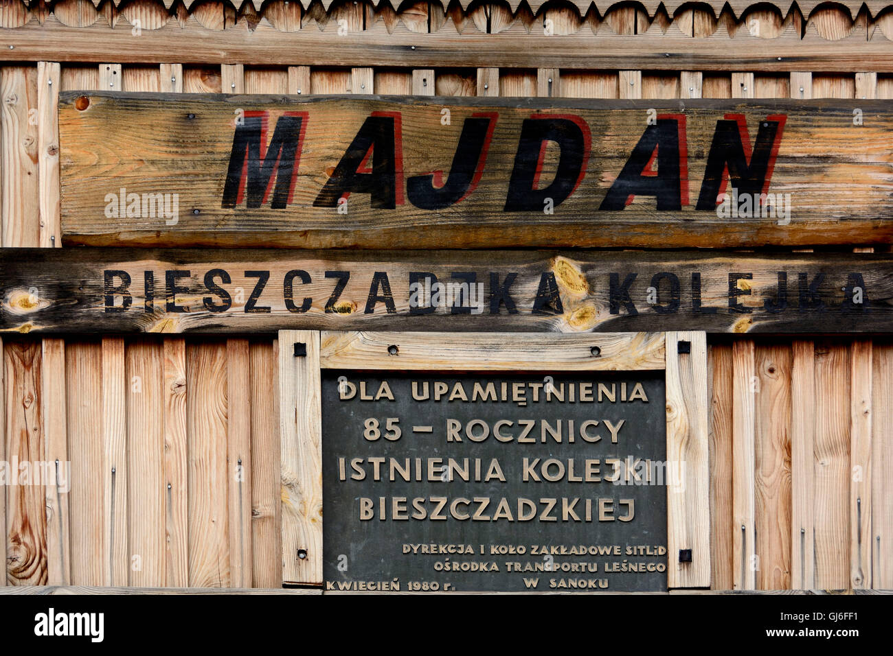 Poland, sign for railway station 'Schmalzugbahn' (train) in Majdan ...