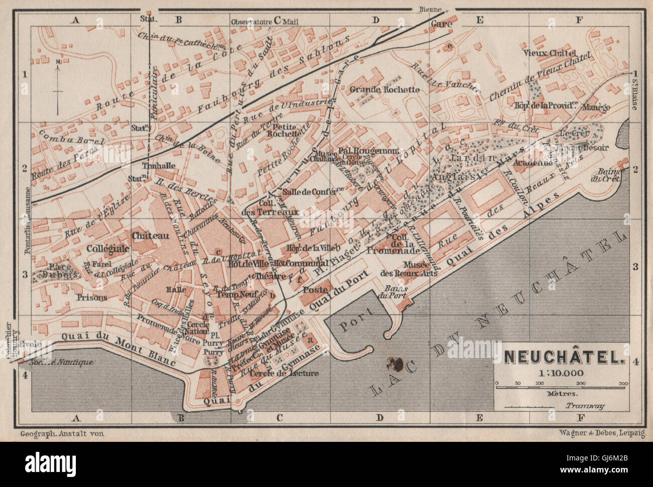 NEUCHÂTEL / NEUENBURG. town city plan. Switzerland Suisse Schweiz, 1897 ...