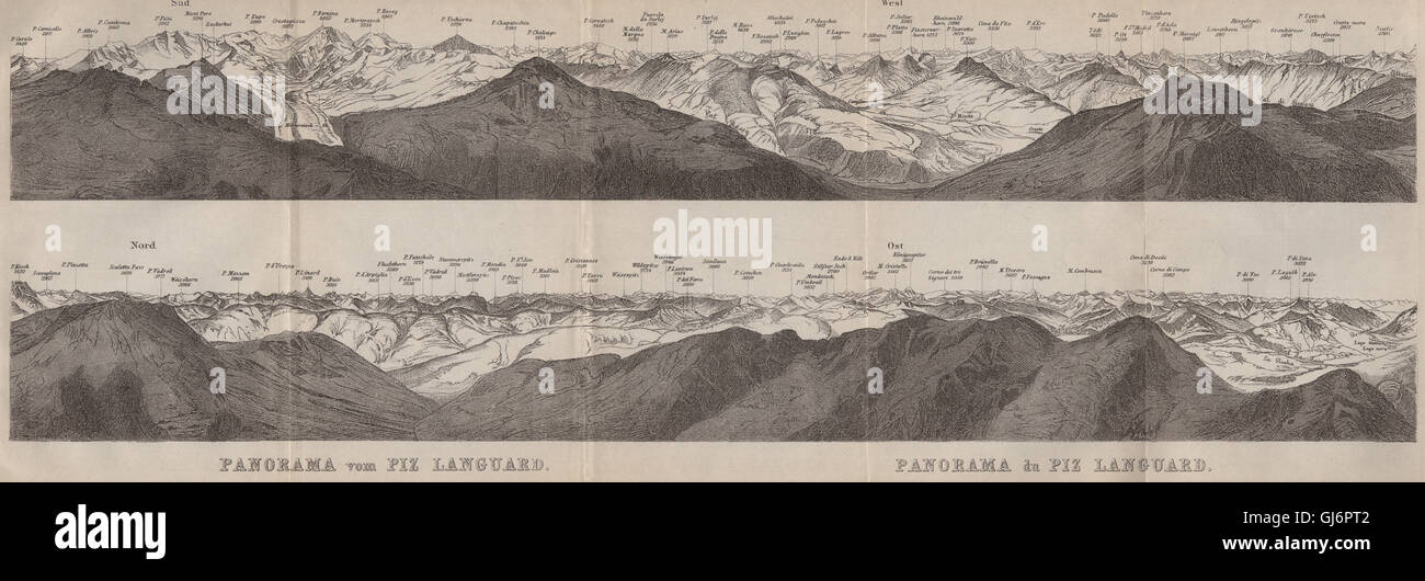 PIZ LANGUARD PANORAMA. Bernina Roseg Monte Rosa Mont Blanc Cristallo ...