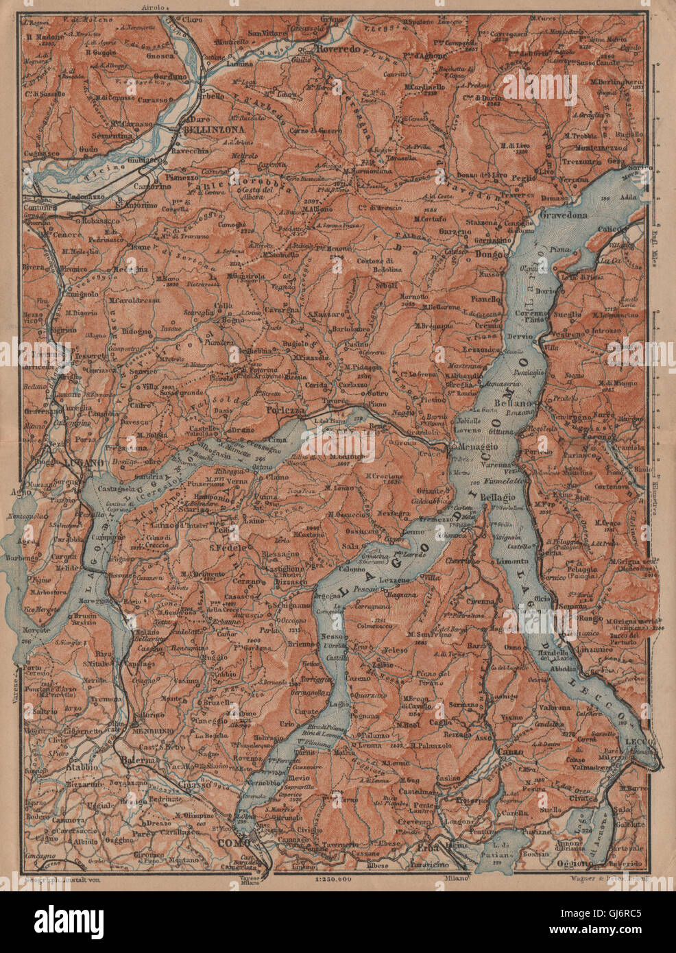 LAKES/LAGO DI COMO & LUGANO. Lecco Bellinzona. Topo-map. Italy mappa ...
