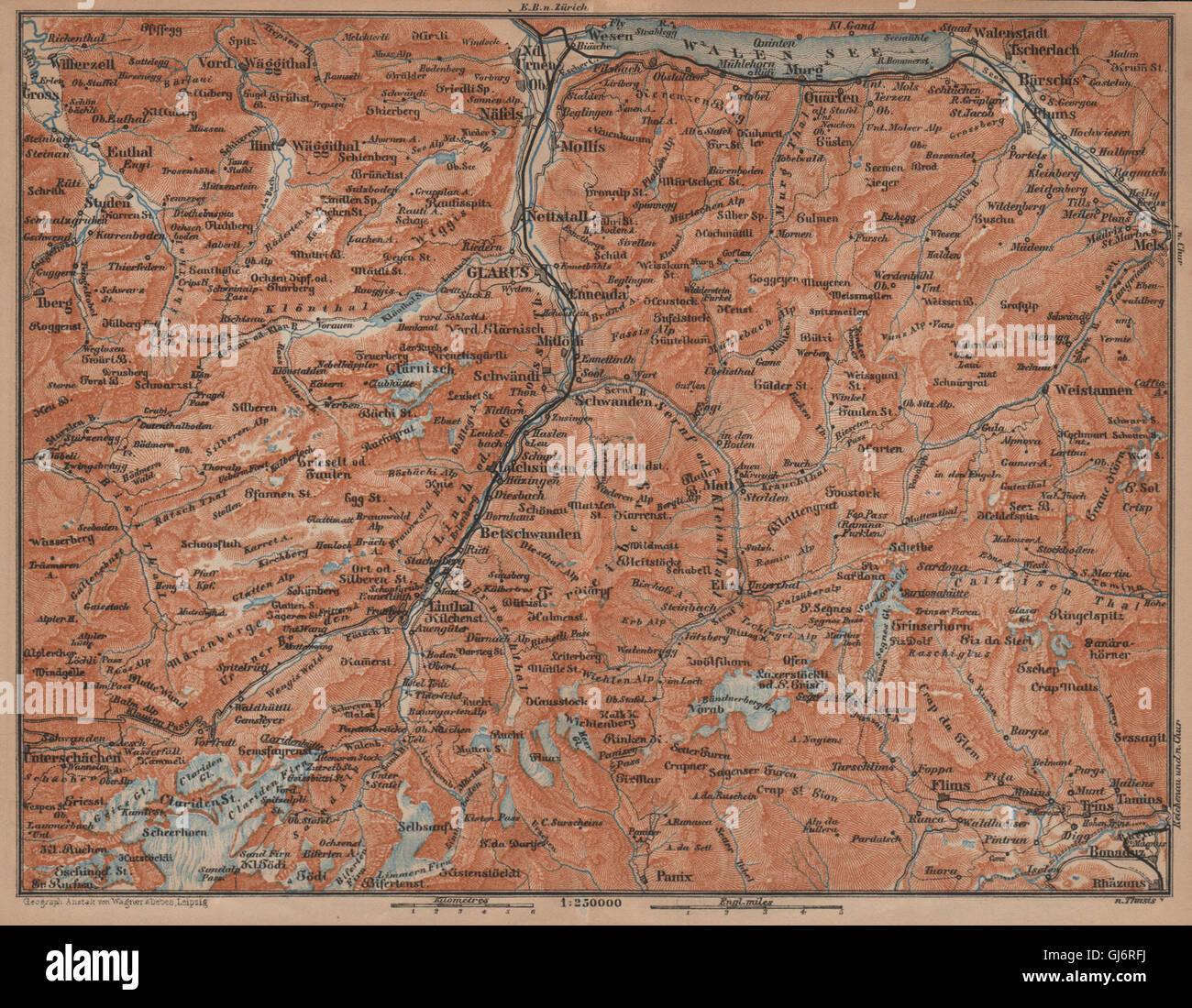 GLARUS CANTON. Flums Braunwald Flims Näfels Walen See Linththal, 1901 ...
