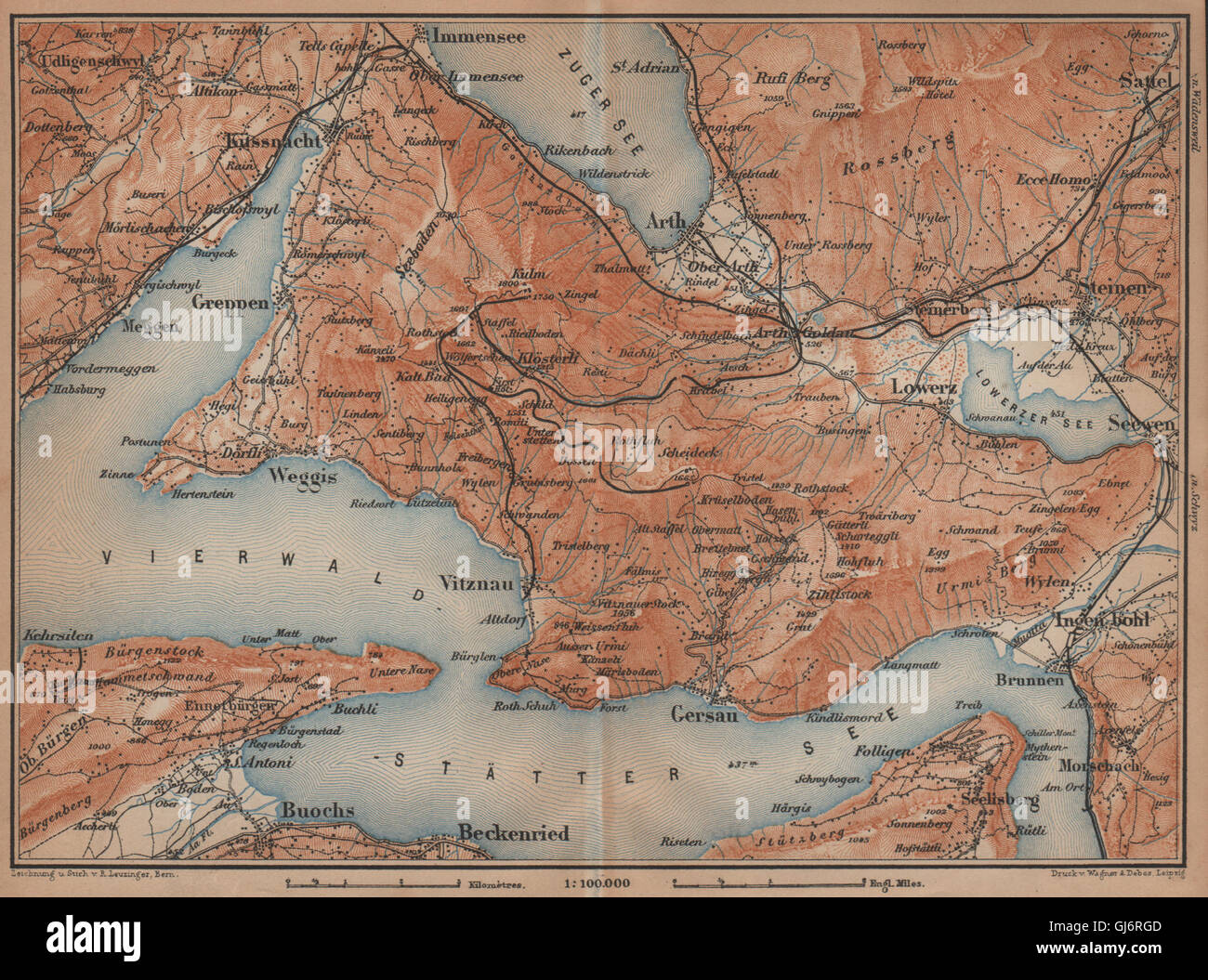 THE RIGI. Vitznau Lowerz Immensee Arth Gersau Bekenried. Topo-map, 1901 ...