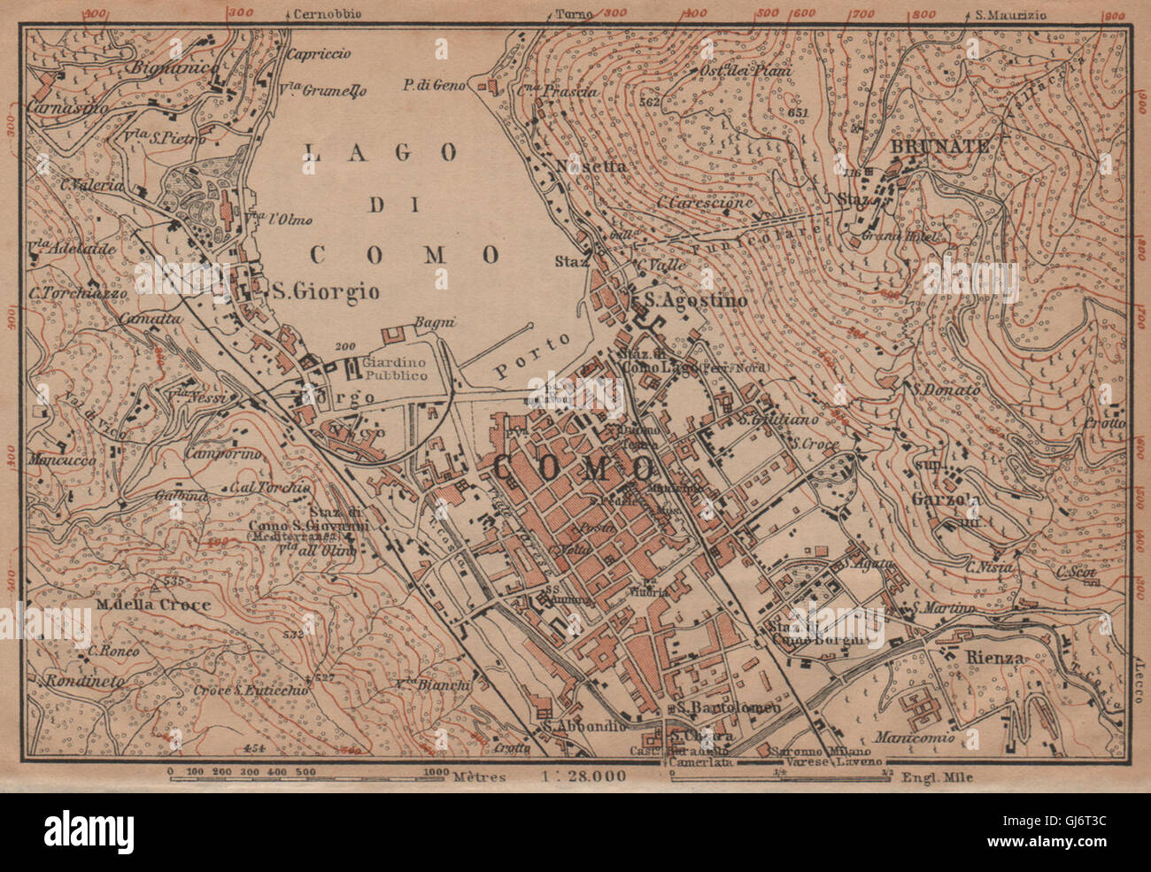 COMO ENVIRONS. Brunate San Giorgio. Italy mappa. BAEDEKER, 1901 Stock ...