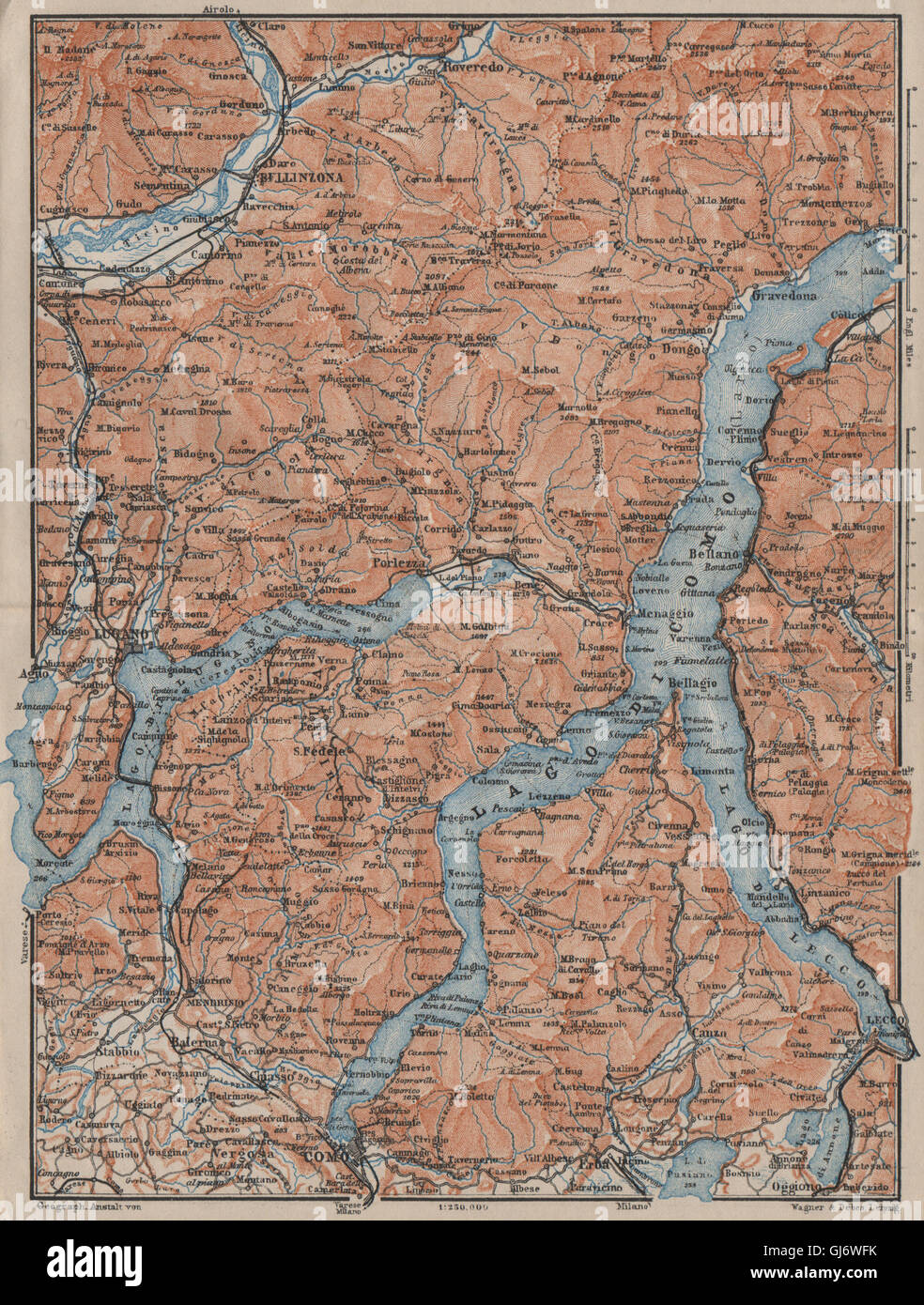LAKES/LAGO DI COMO & LUGANO. Lecco Bellinzona. Topo-map. Italy mappa ...