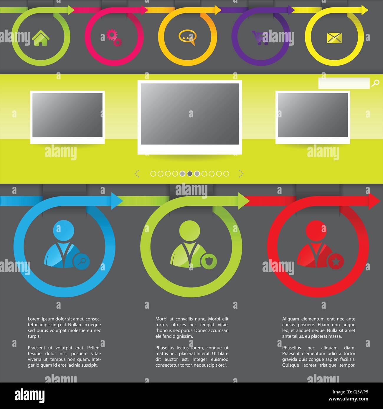 Website template with arrow elements and social network icons Stock ...