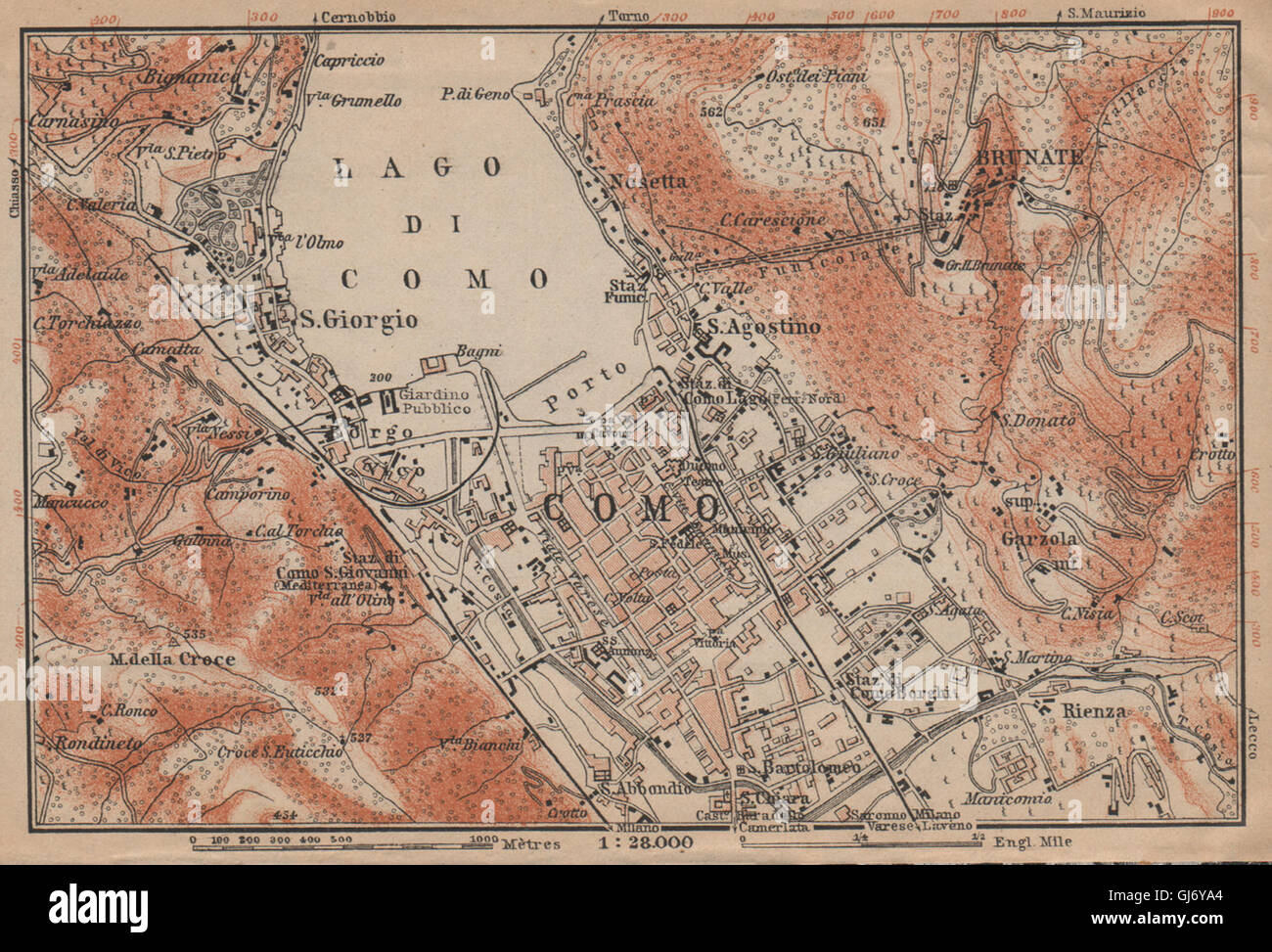 COMO ENVIRONS. Brunate San Giorgio. Italy mappa. BAEDEKER, 1907 Stock ...