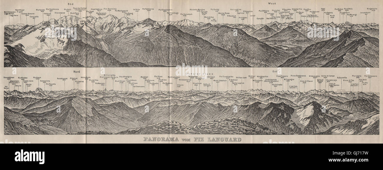 PIZ LANGUARD PANORAMA. Bernina Roseg Monte Rosa Mont Blanc Cristallo ...