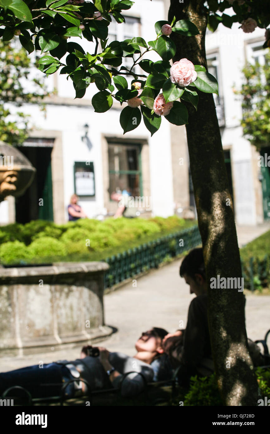 Spring/ April scene in small square in Old Town near Santiago de ...