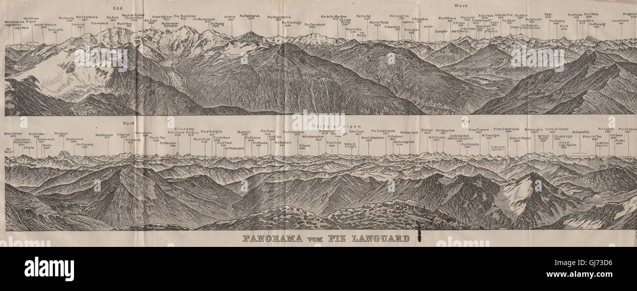 PIZ LANGUARD PANORAMA. Bernina Roseg Monte Rosa Mont Blanc Cristallo ...