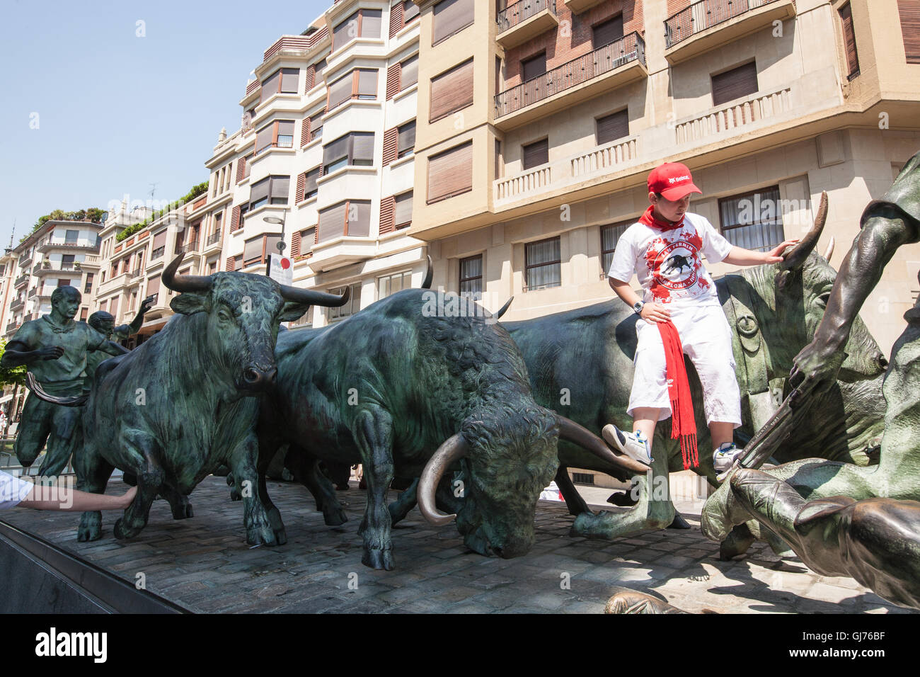 Famous bull running through streets of Pamplona,Spain.July festival ...