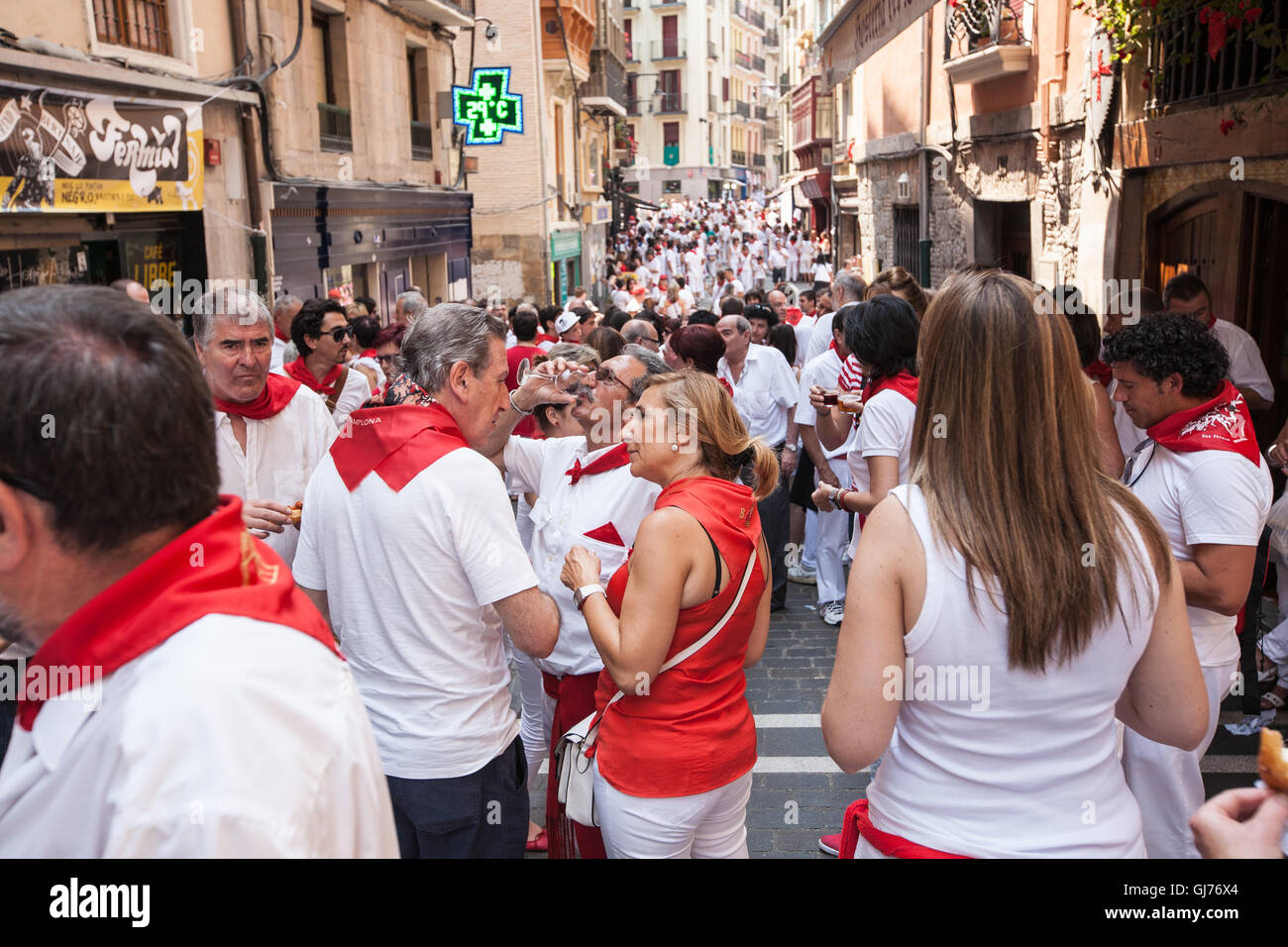 Famous bull running through streets of Pamplona,Spain.July festival ...