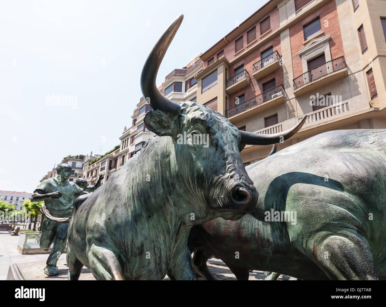 Famous bull running through streets of Pamplona,Spain.July festival ...