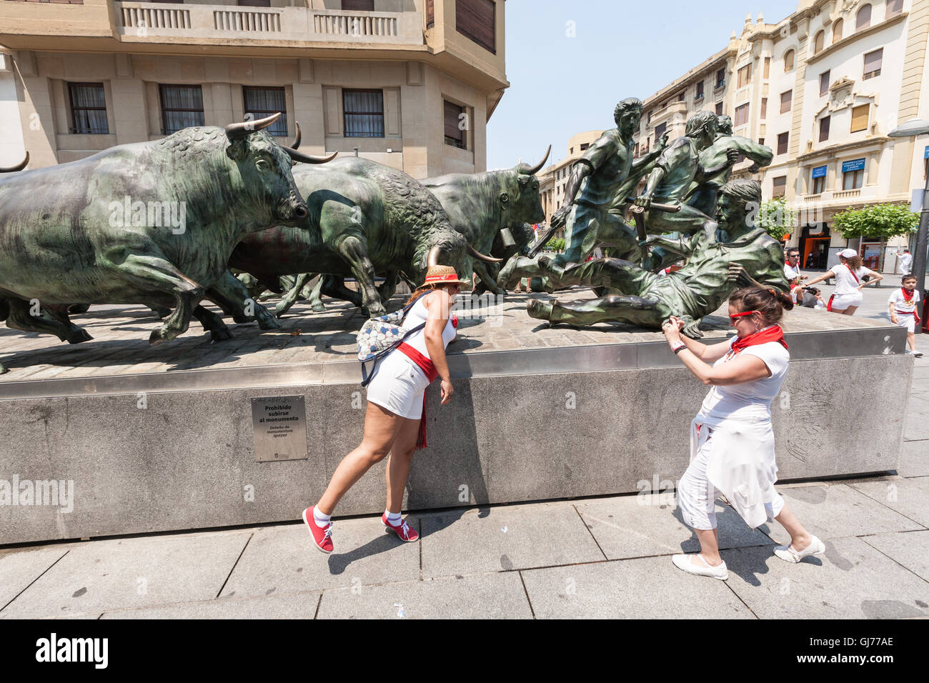 Famous bull running through streets of Pamplona,Spain.July festival ...