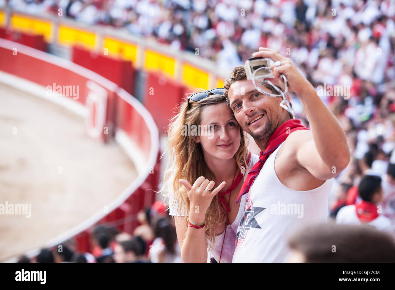 Famous bull running through streets of Pamplona,Spain.July festival ...