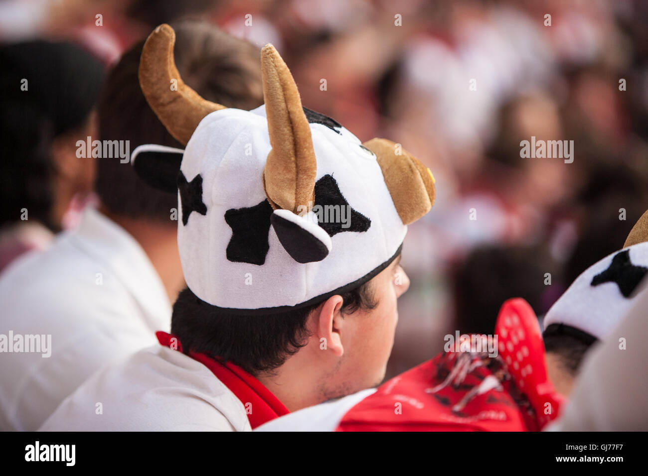 Famous bull running through streets of Pamplona,Spain.July festival ...