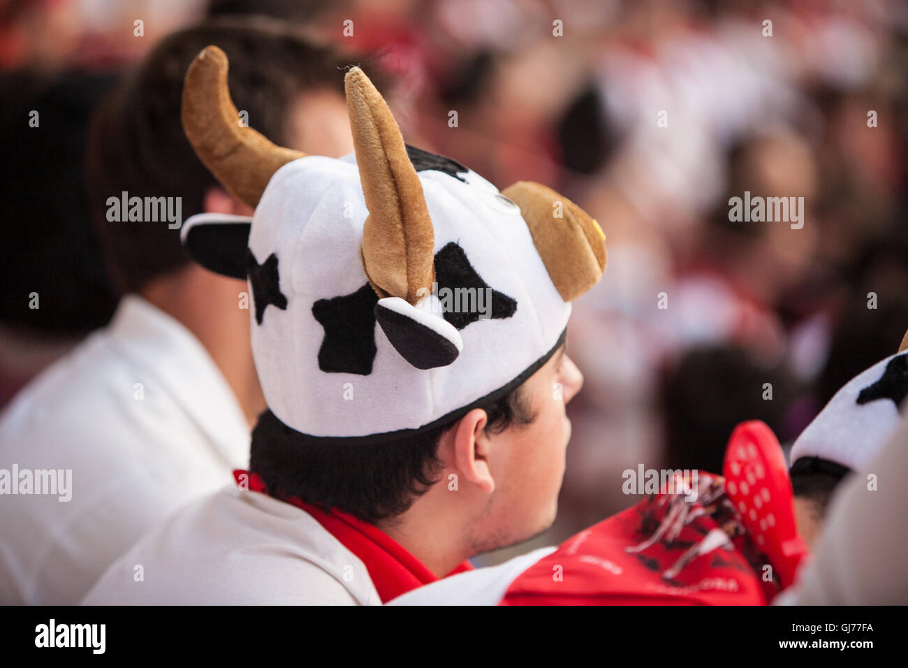 Famous bull running through streets of Pamplona,Spain.July festival ...