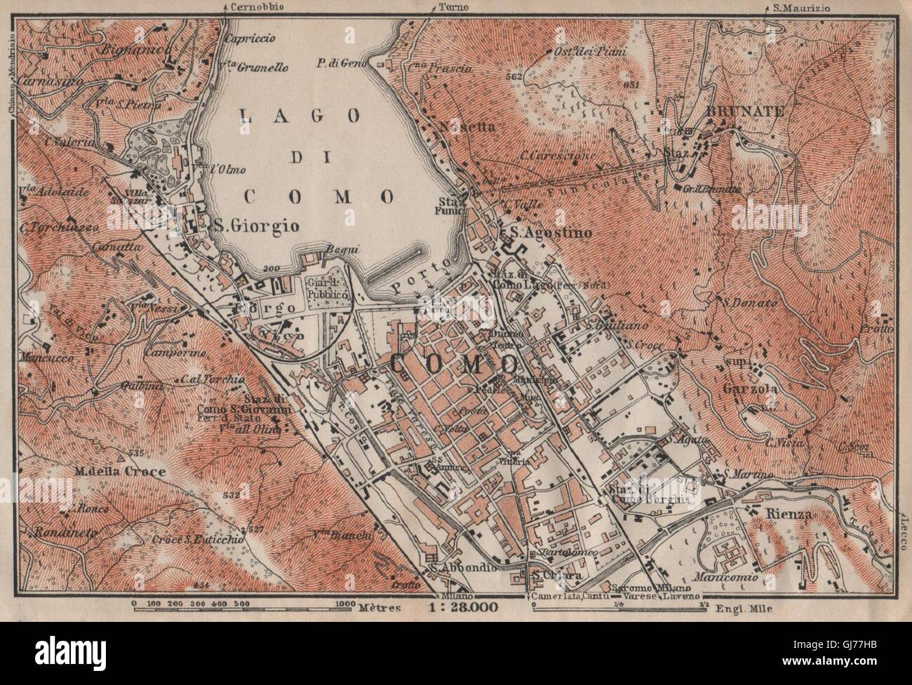 COMO ENVIRONS. Brunate San Giorgio. Italy mappa. BAEDEKER, 1913 Stock ...
