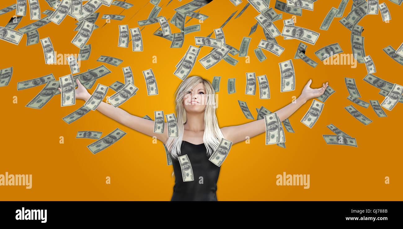 Woman Catching Money Falling From the Sky in US Dollars Stock Photo - Alamy