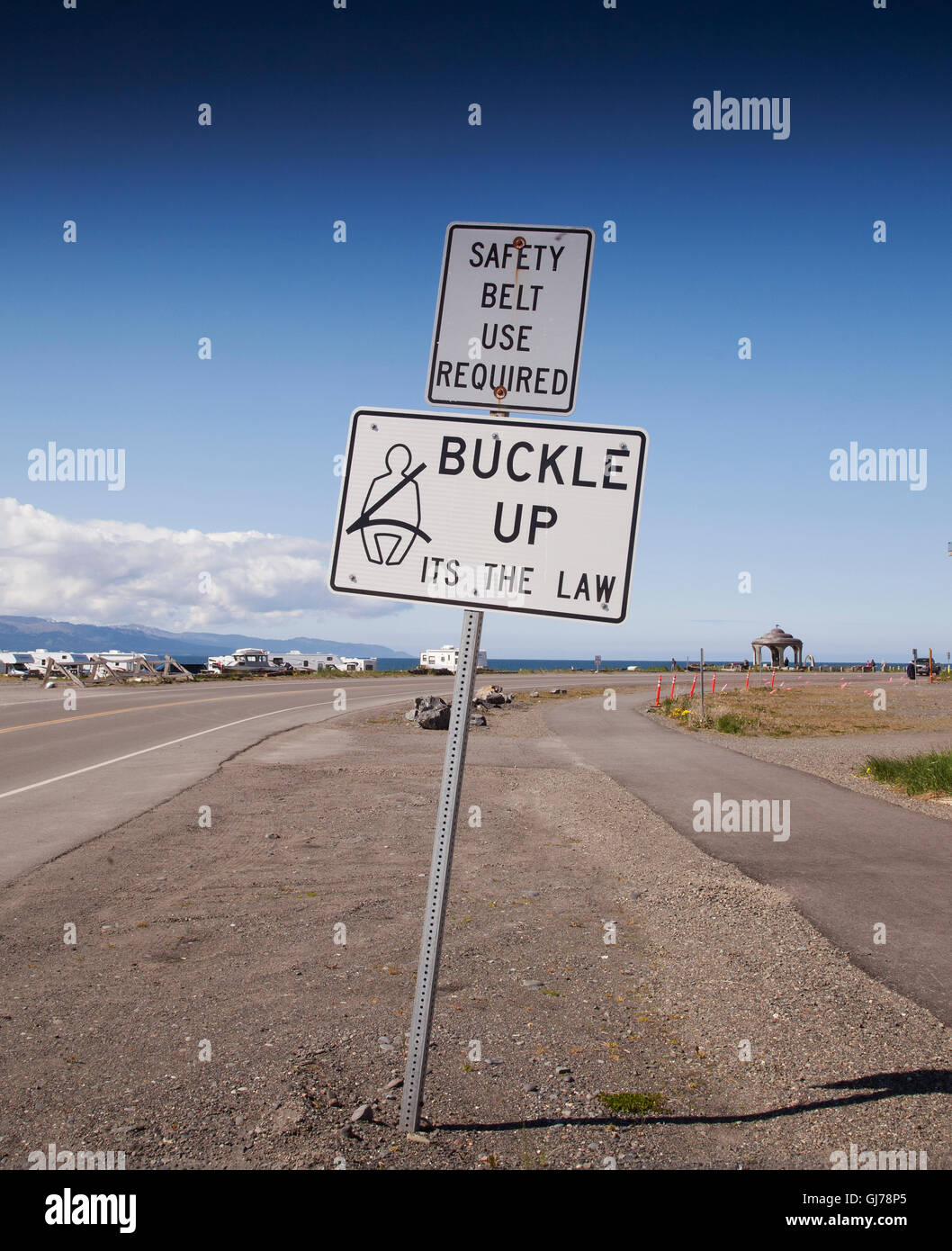 Buckle up road sign hi-res stock photography and images - Alamy