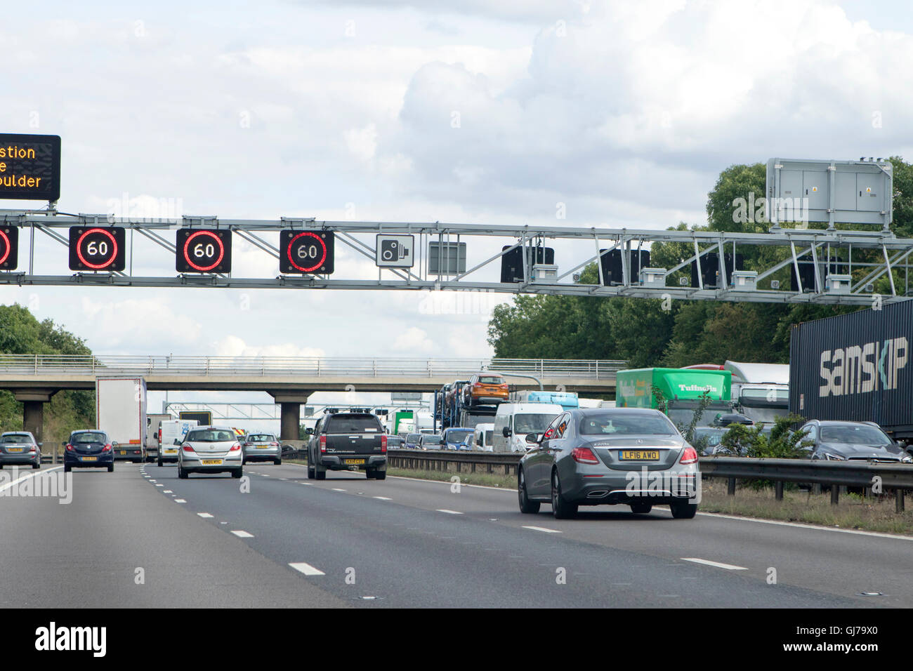 Heavy traffic on the M1 southbound motorway in England near London at ...