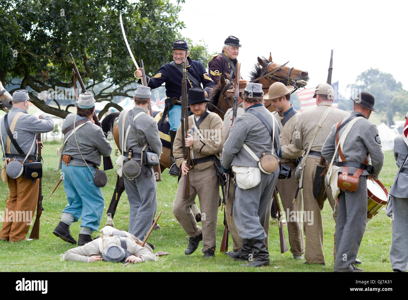 Union Soldiers on the battlefield of a American Civil war reenactment ...
