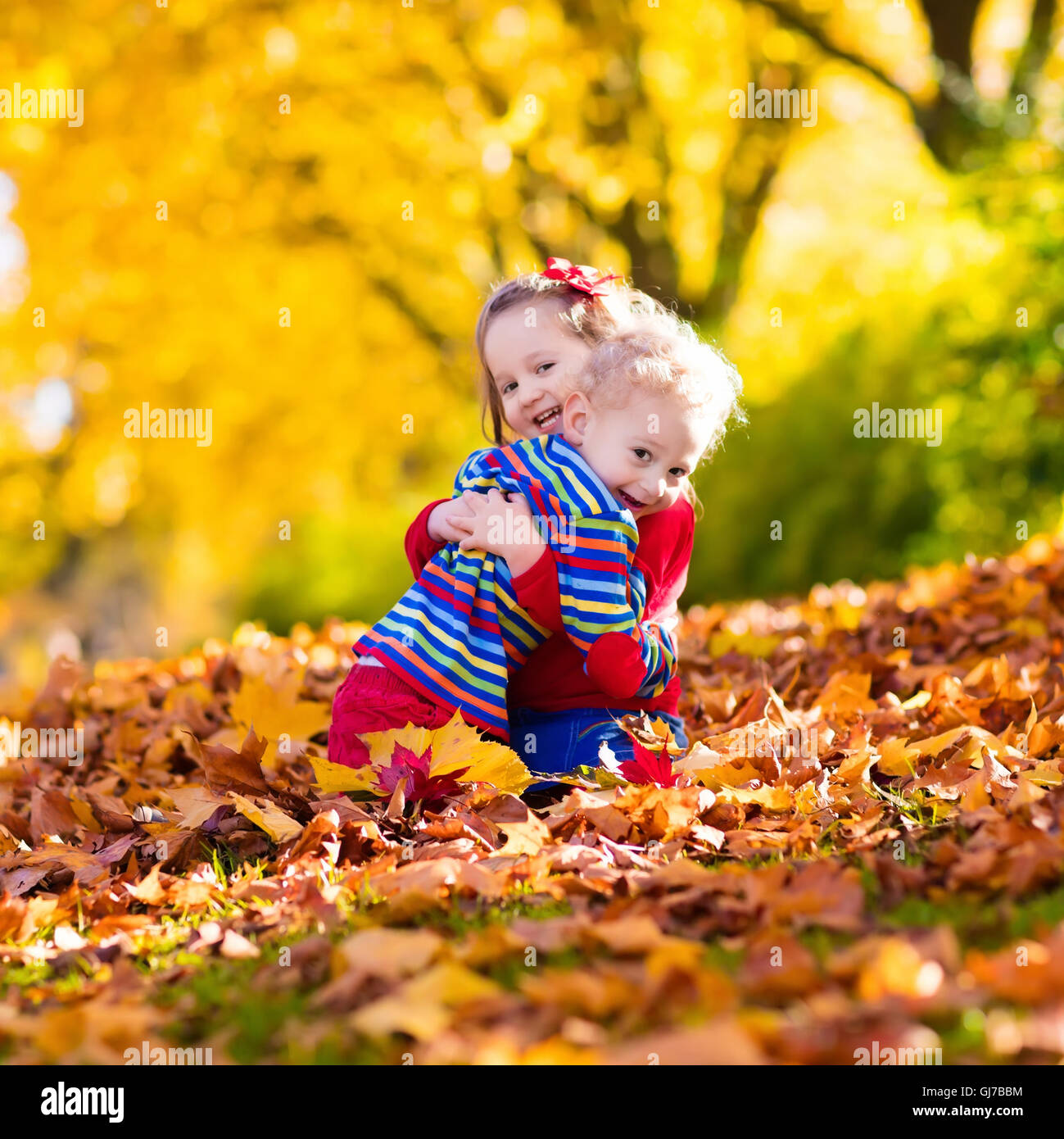 Kids playing in autumn park. Children play outdoors on a sunny fall day ...