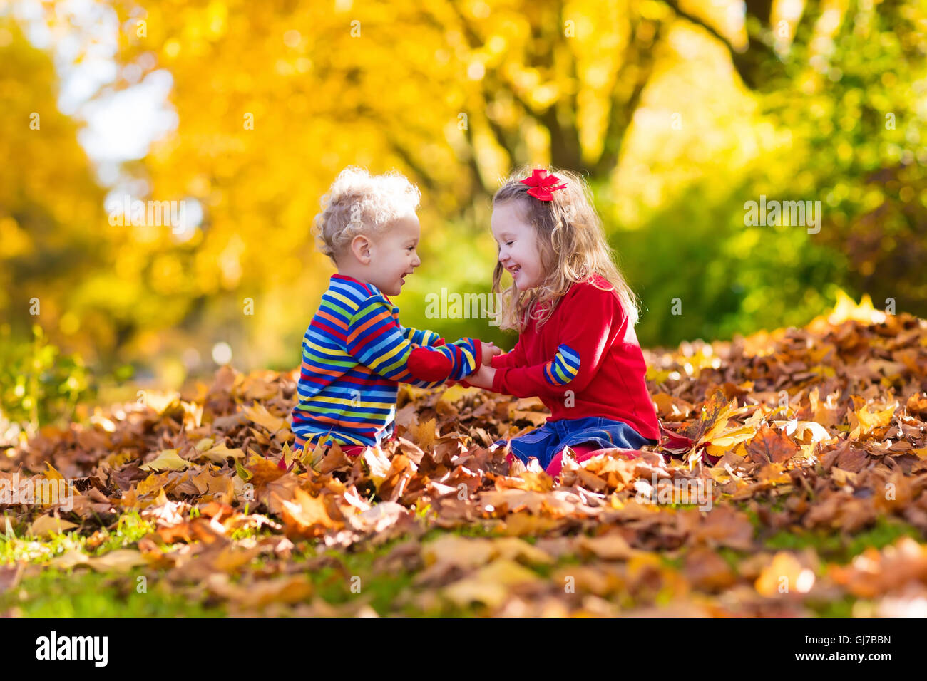Kids playing in autumn park. Children play outdoors on a sunny fall day ...